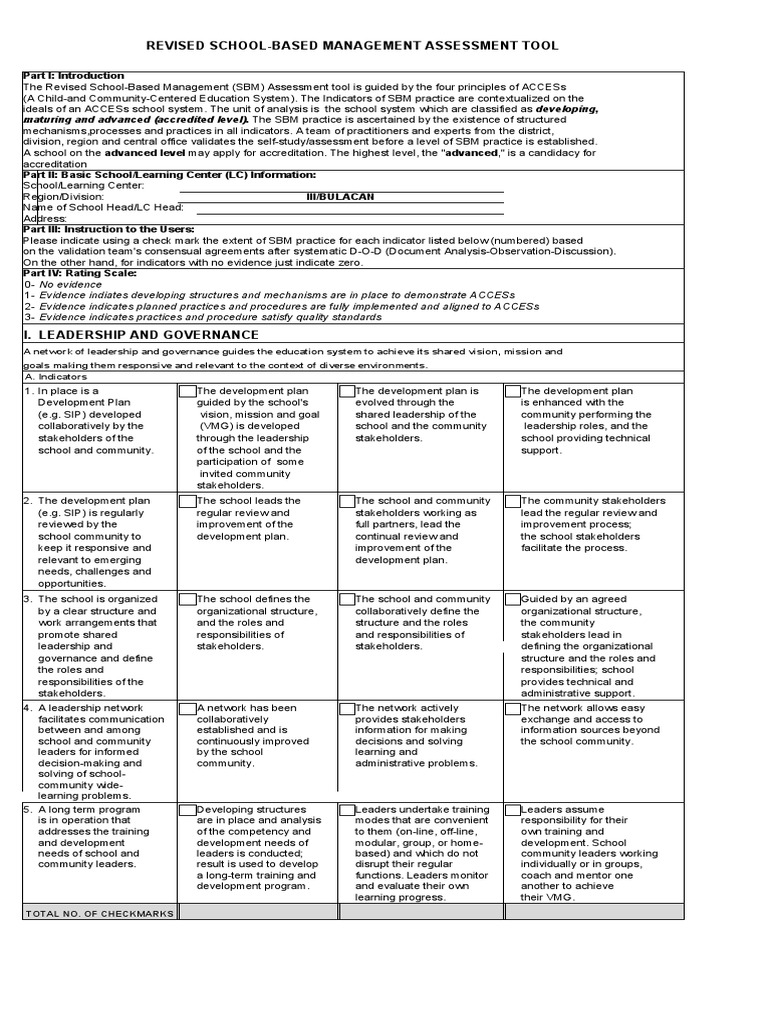 Revised School-Based Management Assessment Tool | PDF | Learning ...
