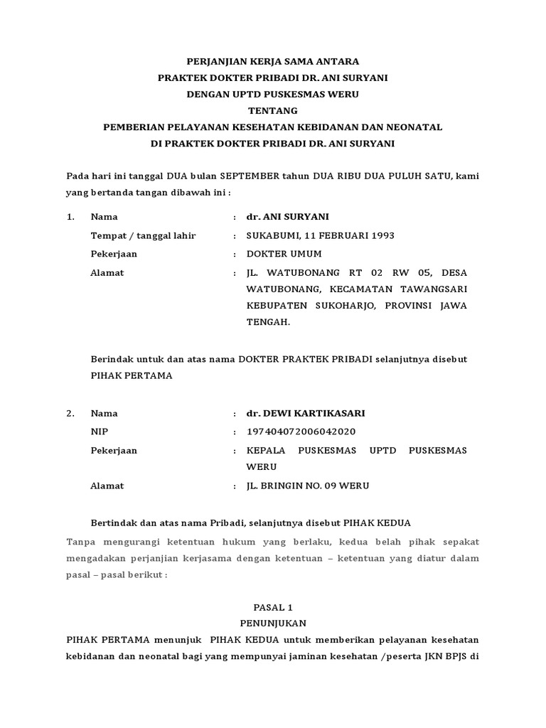Mou Perjanjian Kerjasama (PKS) Pelayanan Maternal Dan Neonatal | PDF
