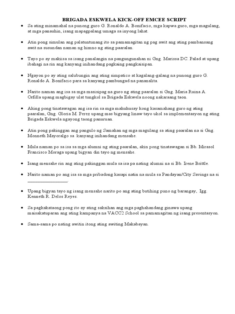 BRIGADA ESKWELA Emcee Script | PDF