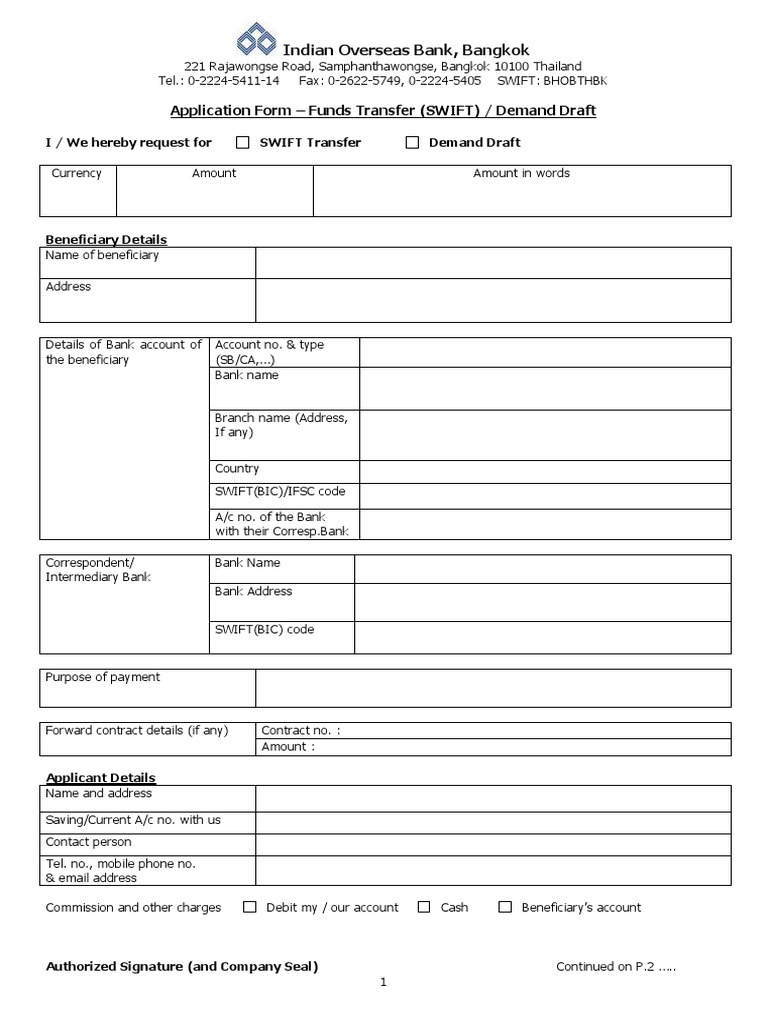 Application Form - Funds Transfer (SWIFT) / Demand Draft: Indian ...