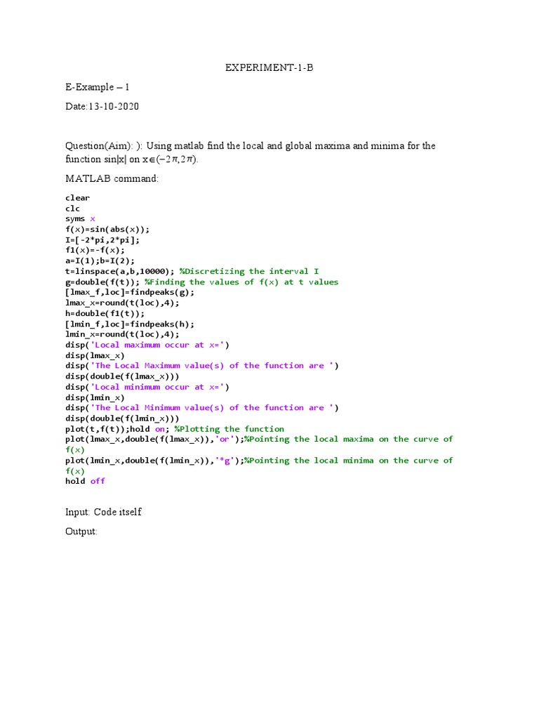 Finding local and global maxima and minima of functions using MATLAB ...
