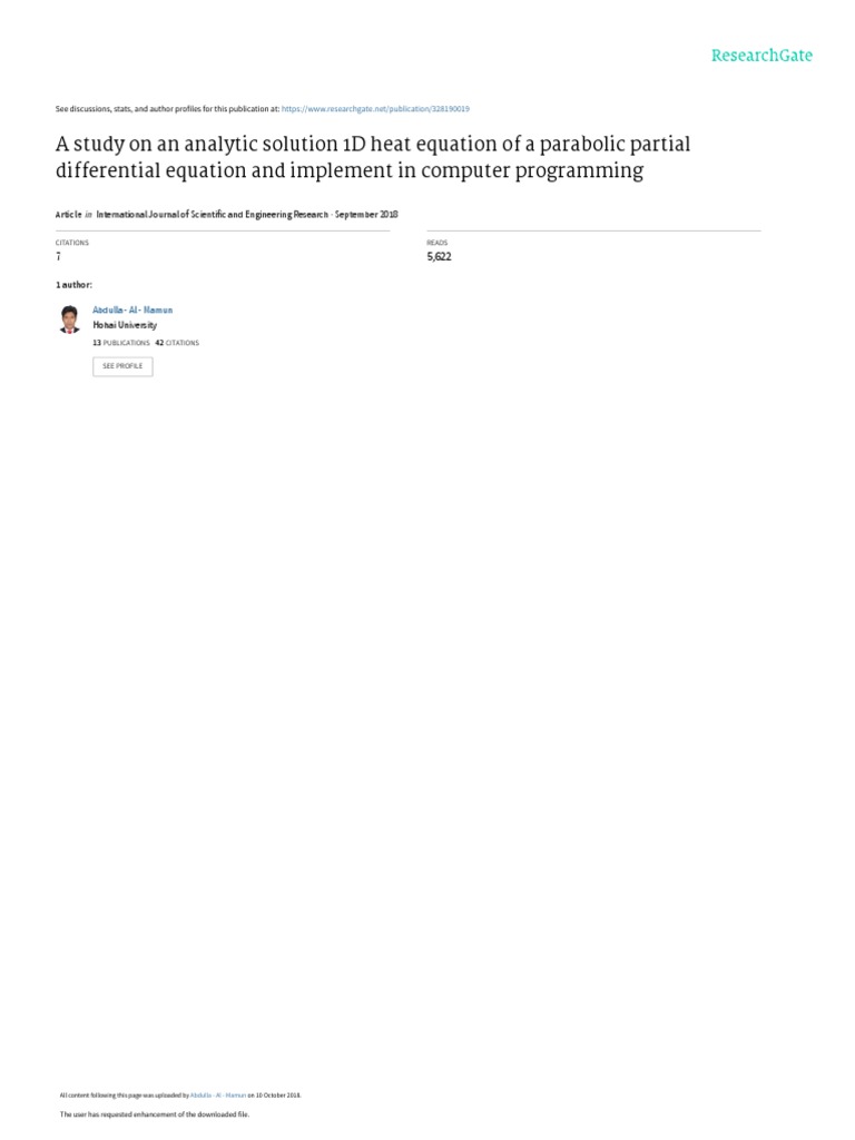 A Study On An Analytic Solution 1d Heat Equation Of A Parabolic Partial