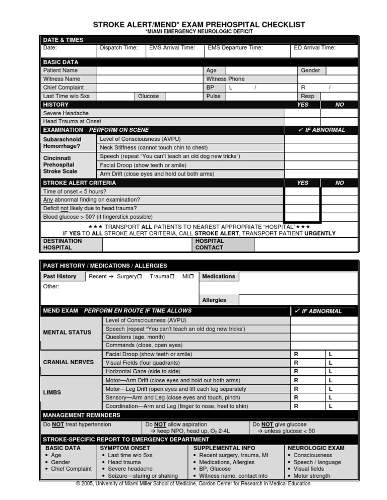 MEND Checklist Prehospital | PDF | Stroke | Emergency Medical Services