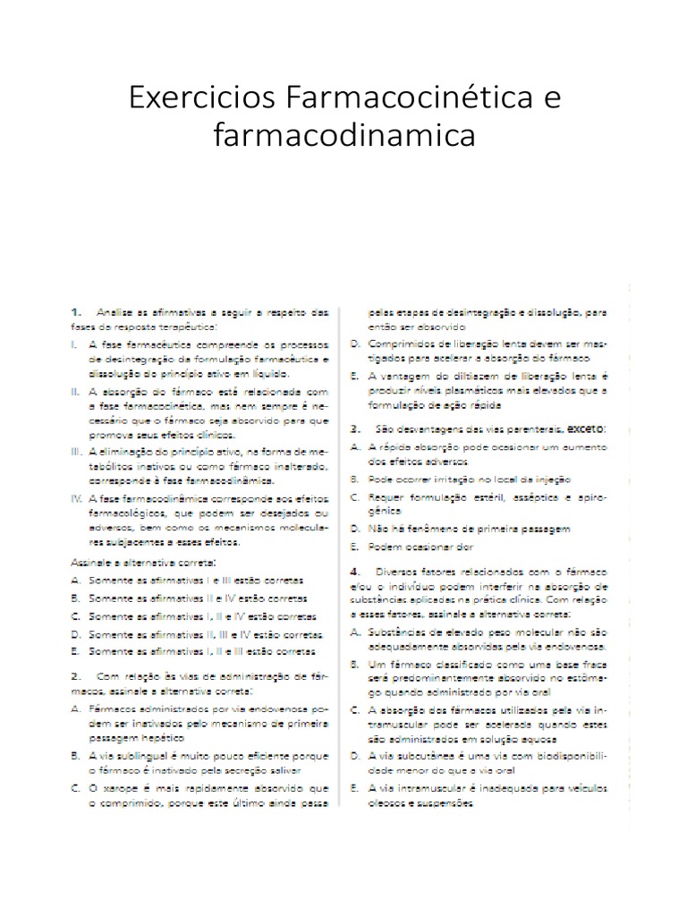 Exercicios Farmacocinética e Farmacodinamica 1 | PDF