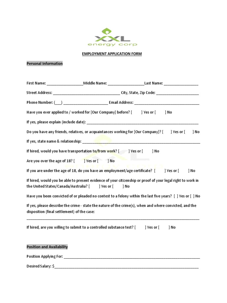 XXL Energy & Gas Corp Employment Application Form | PDF | Employment ...