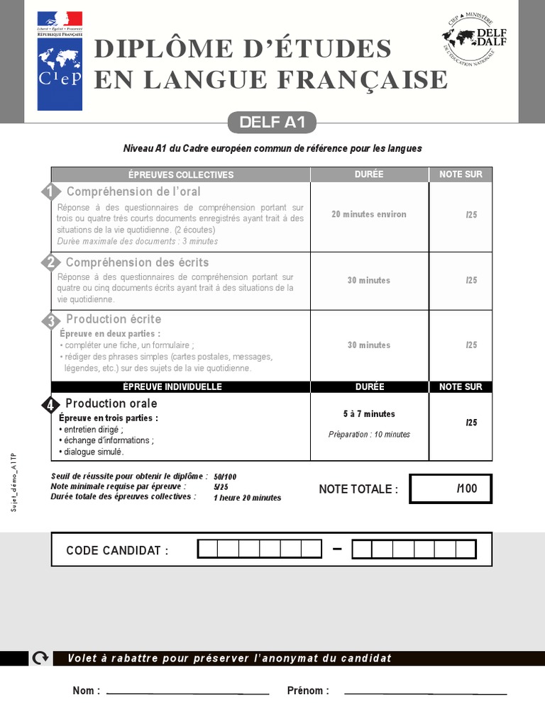 Exemple 4 Sujet Delf A1 TP Document Candidat Production Orale | PDF