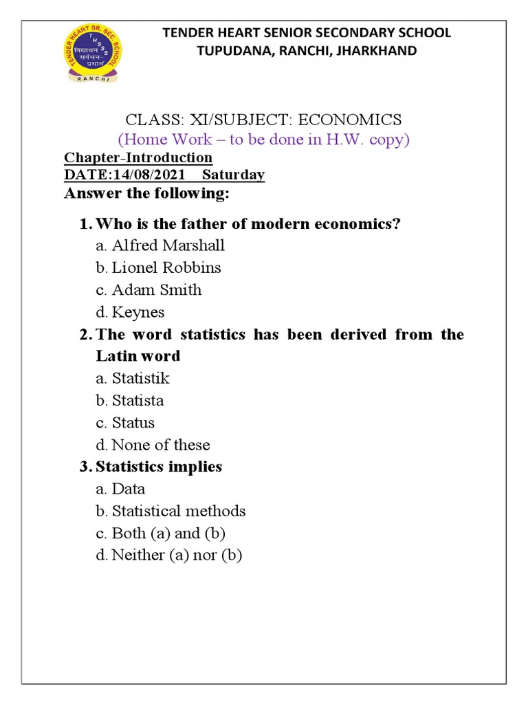 Class 11 Statistics HW Chapter 1 | PDF | Statistics | Economics