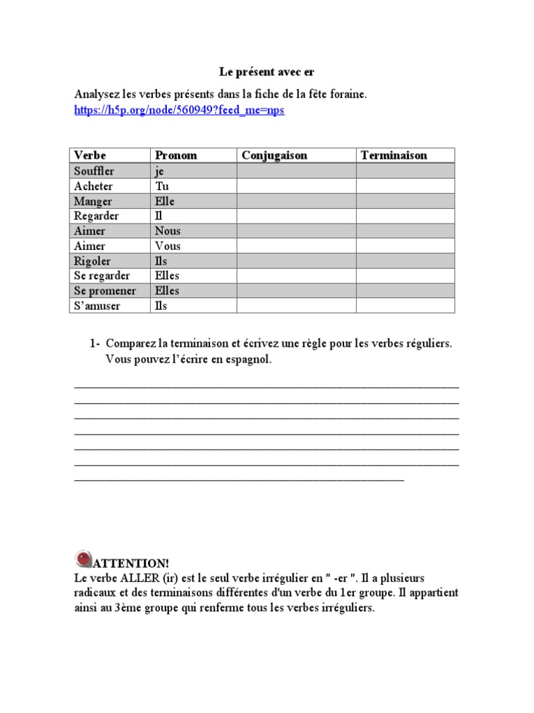 Fiche Les Verbes Reguliers Er | PDF | Verbe | Nombre grammatical