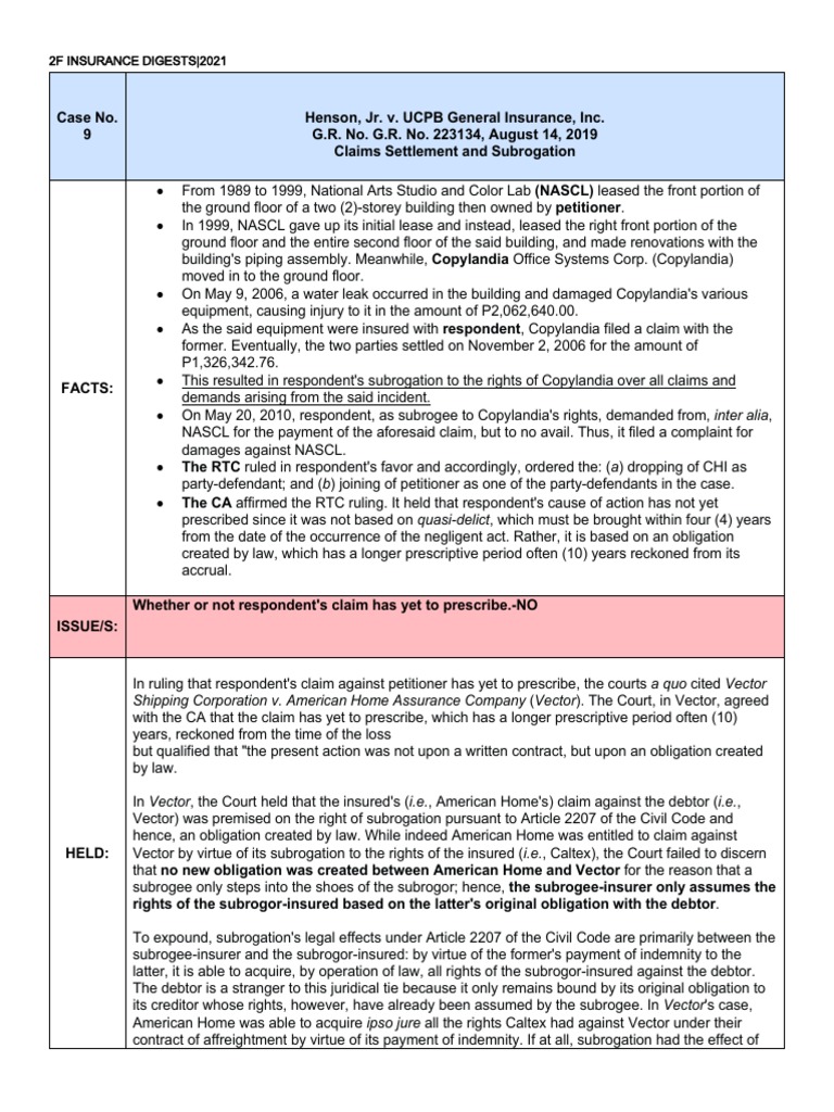 Henson Vs UCPB | PDF | Assignment (Law) | Subrogation