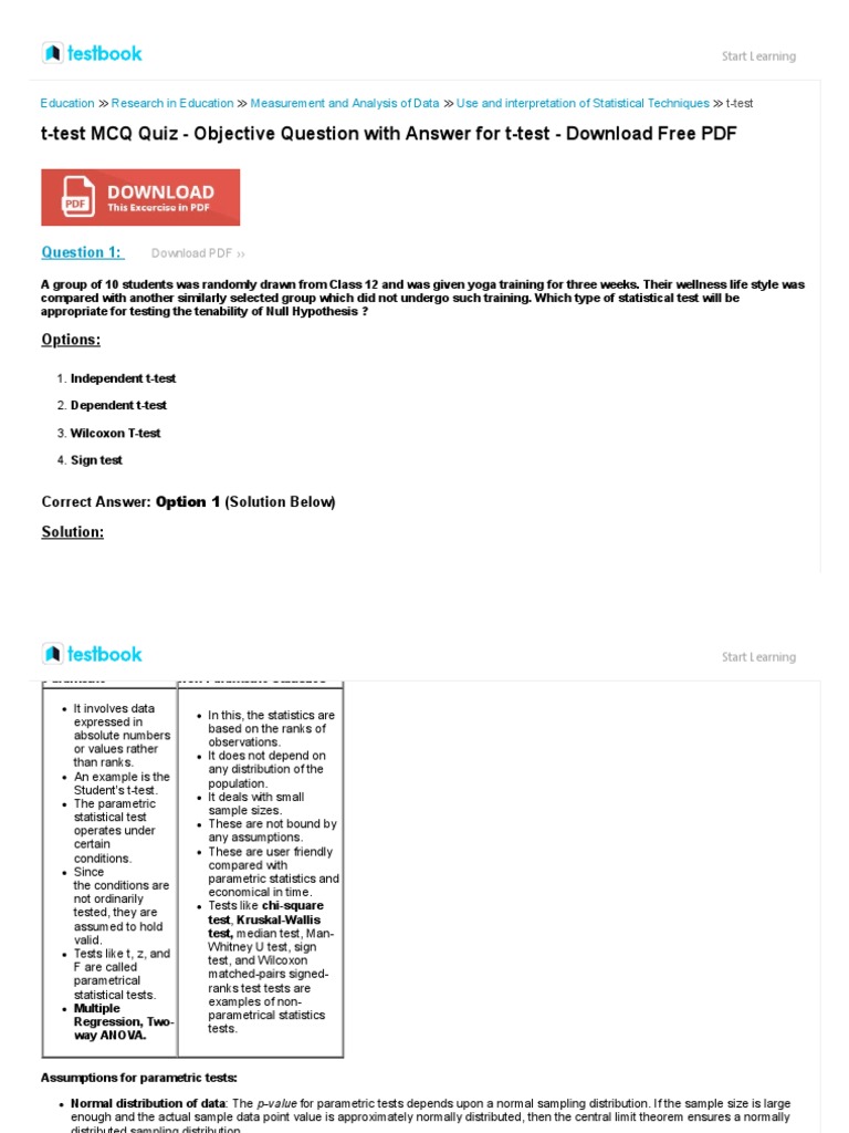 T Test Mcq Free Pdf Objective Question Answer For T Test Quiz Download Now Download