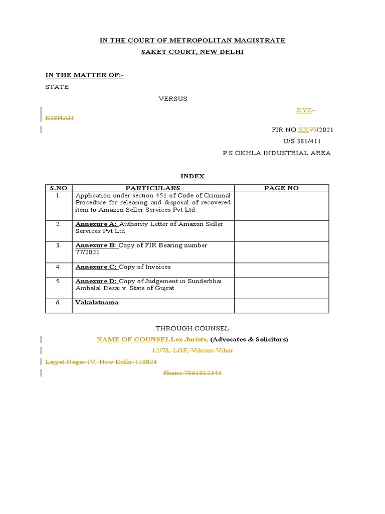 Superdari Application Under CRPC S451 Release of Recovered Goods | PDF | Surety | Bail