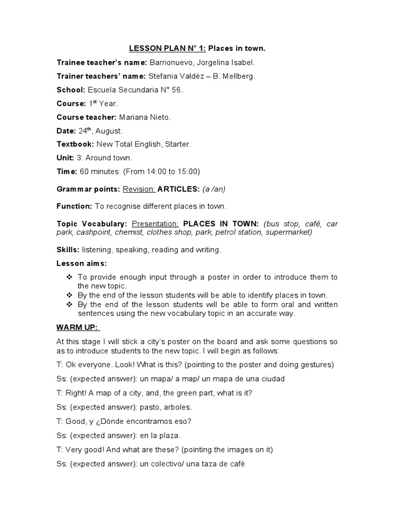 Lesson Plan 1 Places in Town | PDF | Cognition | Linguistics