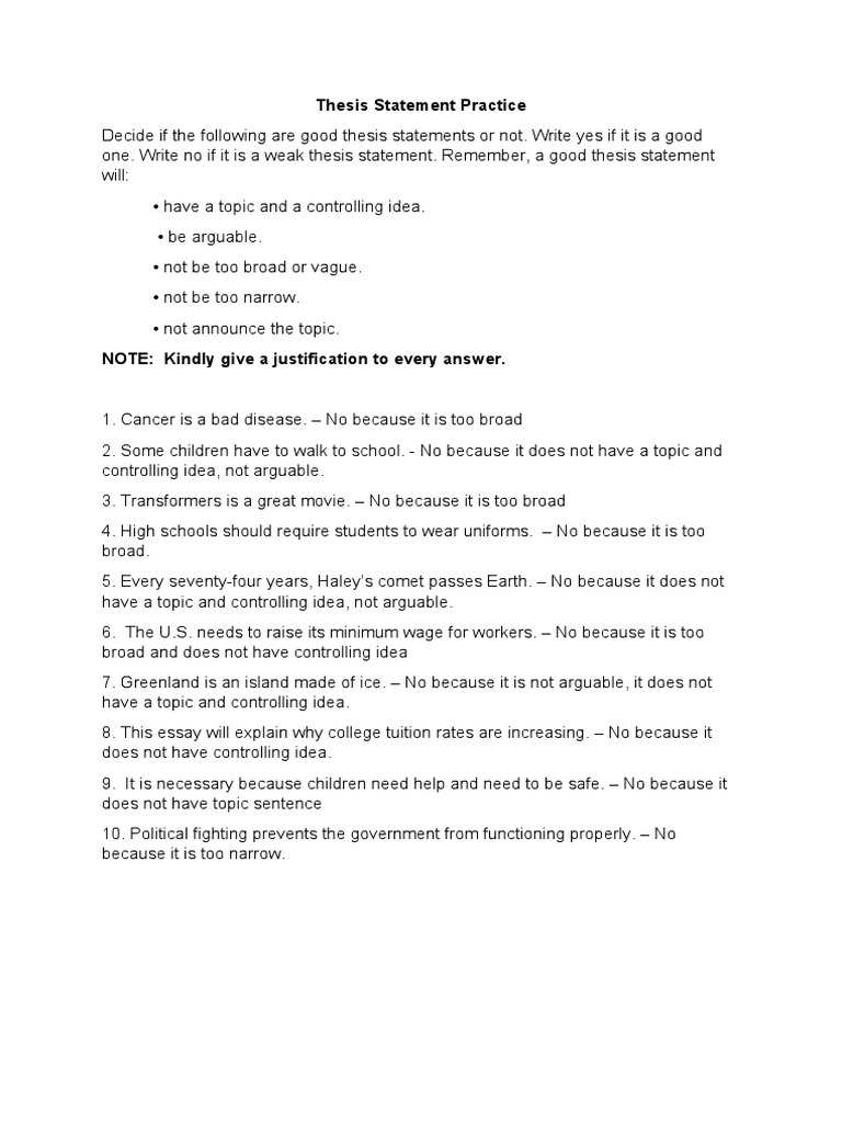 Lecture Exercise THESIS STATEMENT EXERCISE | PDF