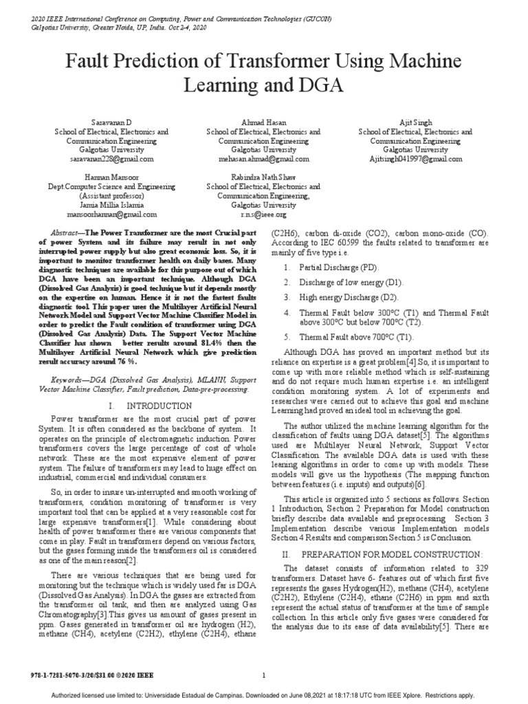 Fault Prediction of Transformer Using Machine Learning and DGA | PDF | Artificial Neural Network ...