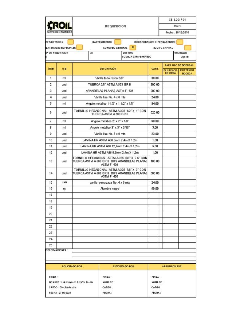 CSI-LOG-F-01 R1 Requisición - 05 | PDF | Metalurgia | Unión