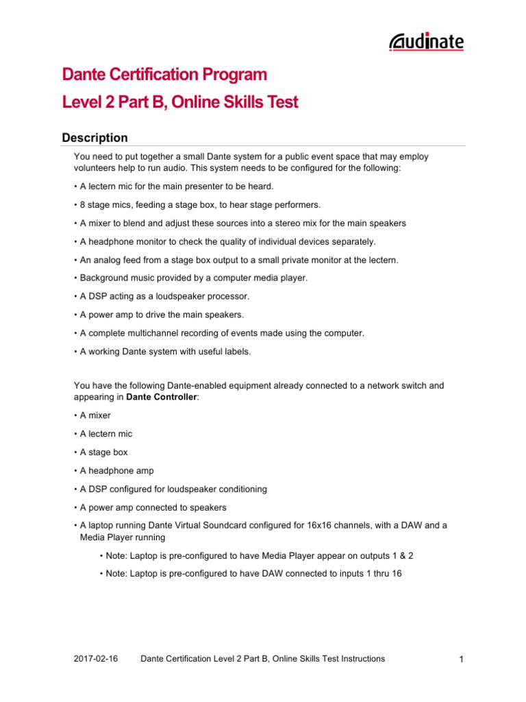Dante Certification Level 2 Skills Test Instructions | PDF | Audio ...
