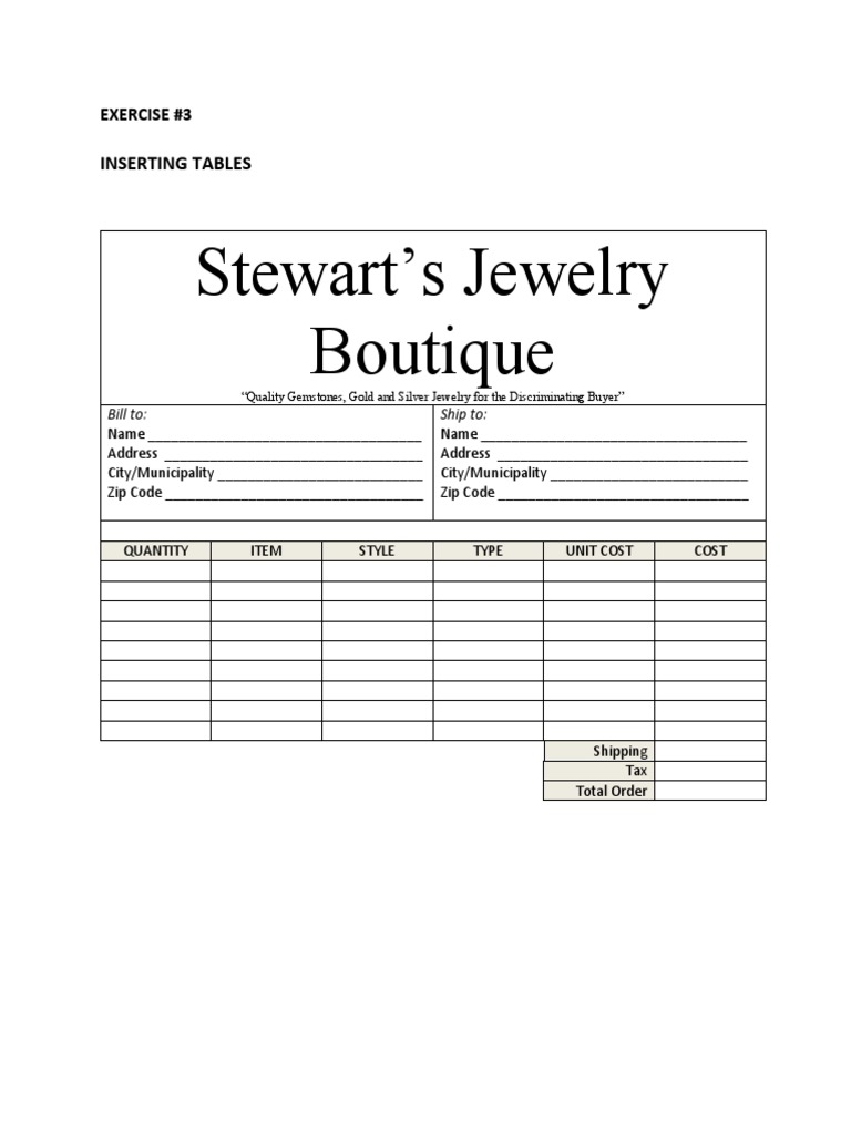 Stewart's Jewelry Boutique: Inserting Tables | PDF