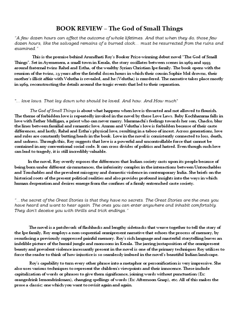 The God of Small Things - Book Review | PDF | General Fiction