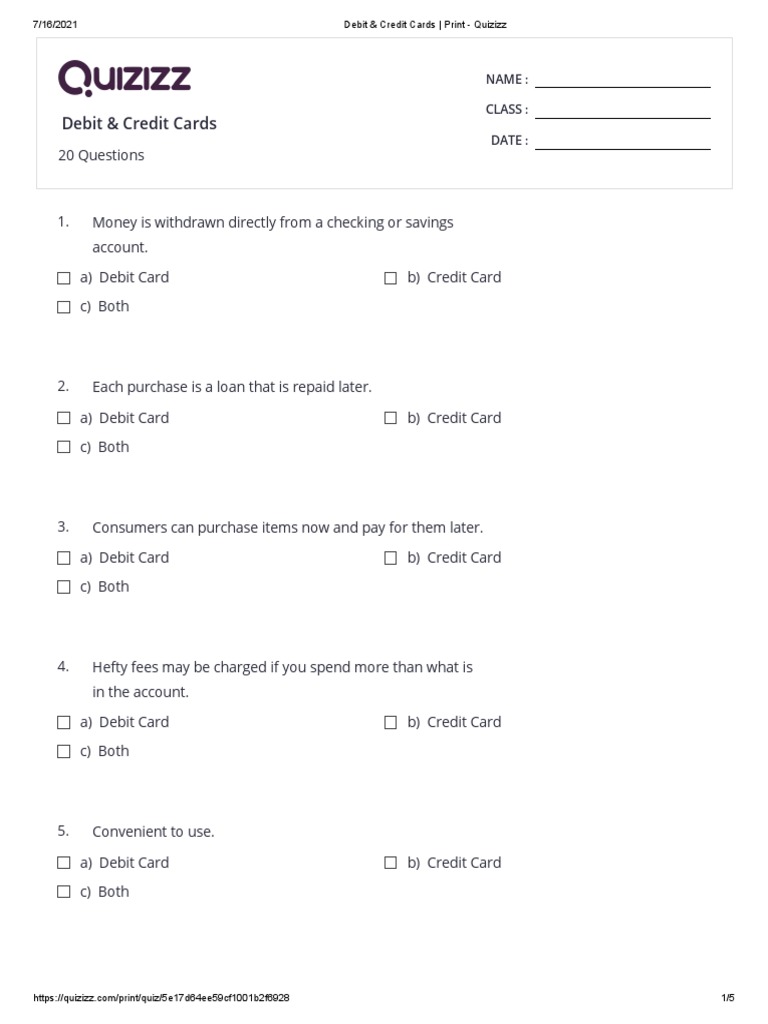 Debit vs Credit Card Quiz | PDF | Credit Card | Debit Card
