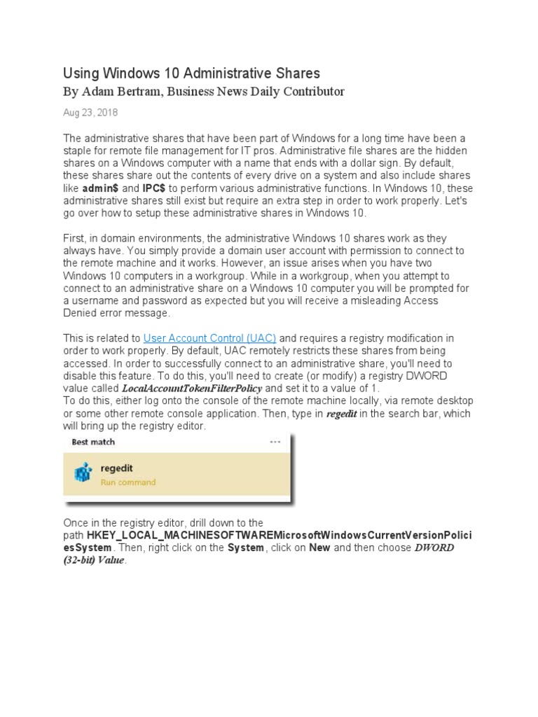 Using Windows 10 Administrative Shares: by Adam Bertram, Business News ...