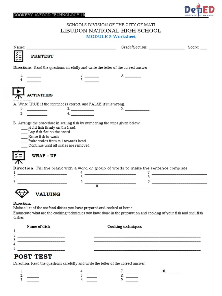 Seafood Preparation Worksheet | PDF | Cooking | Foods