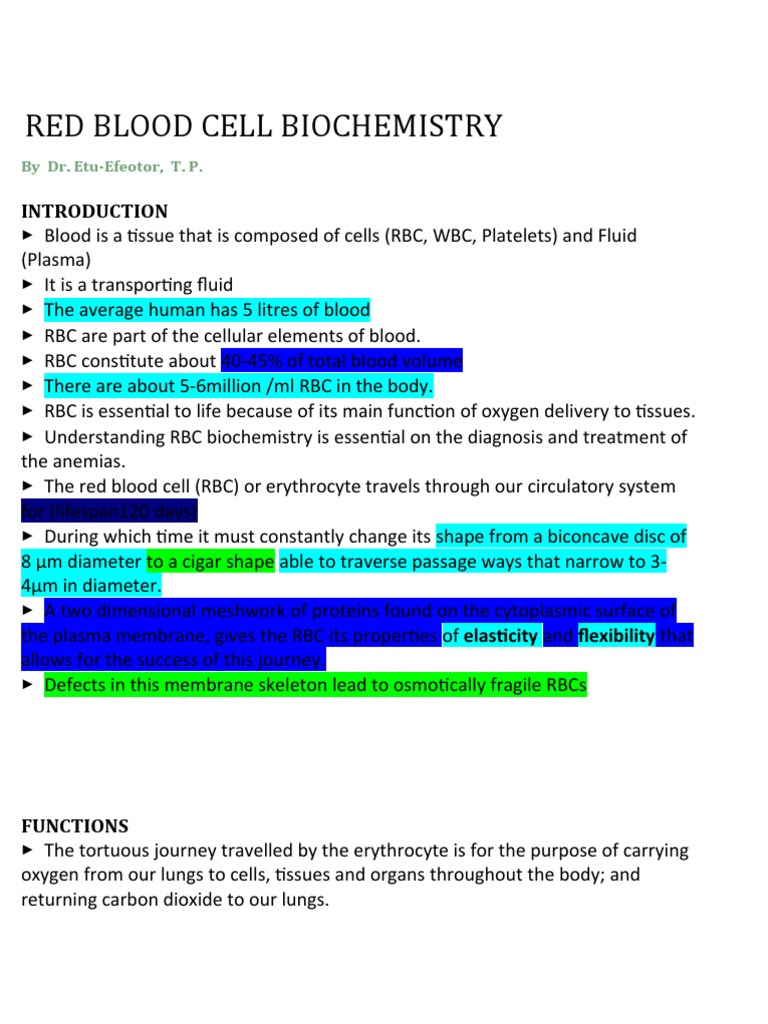 Red Blood Cell Biochemistry | PDF | White Blood Cell | Red Blood Cell