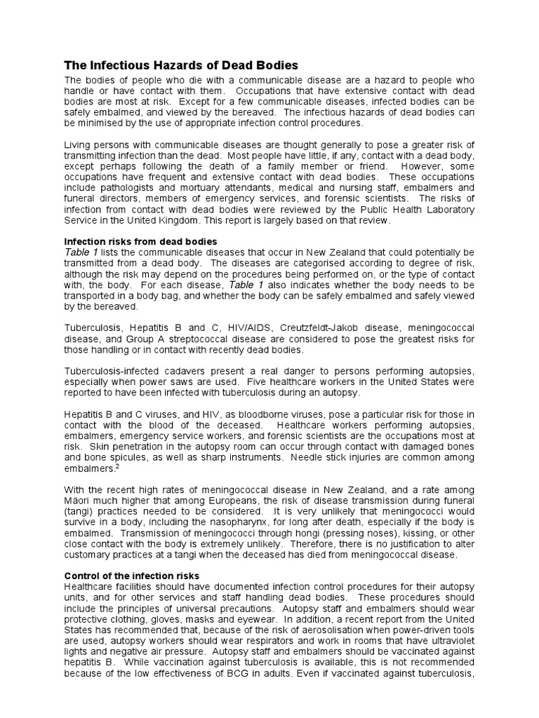 The Infectious Hazards of Dead Bodies | PDF | Infection | Health Sciences