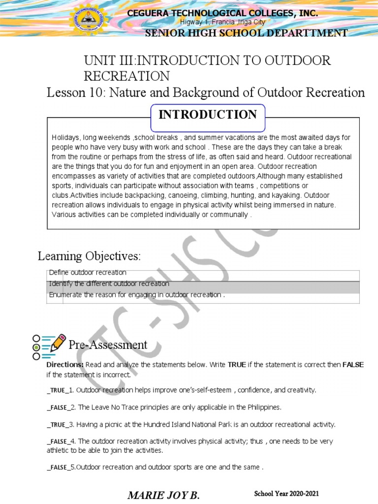 Unit Iii:Introduction To Outdoor Recreation Lesson 10: Nature and ...