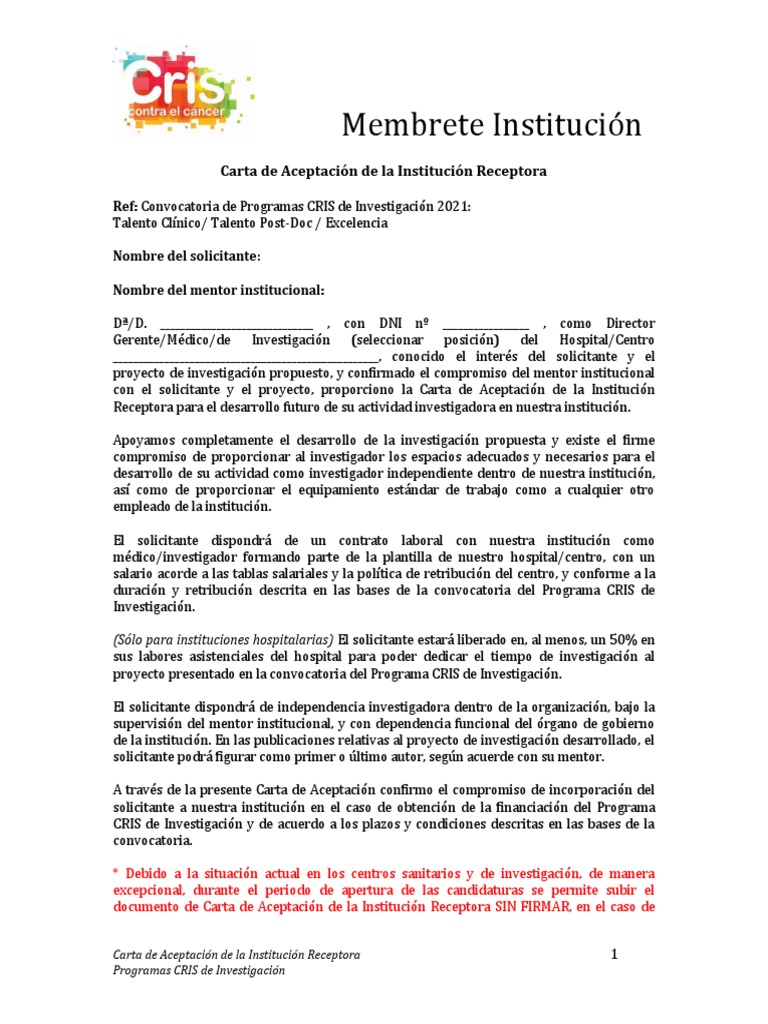 Carta de Aceptación Institucional CRIS | PDF | Hospital