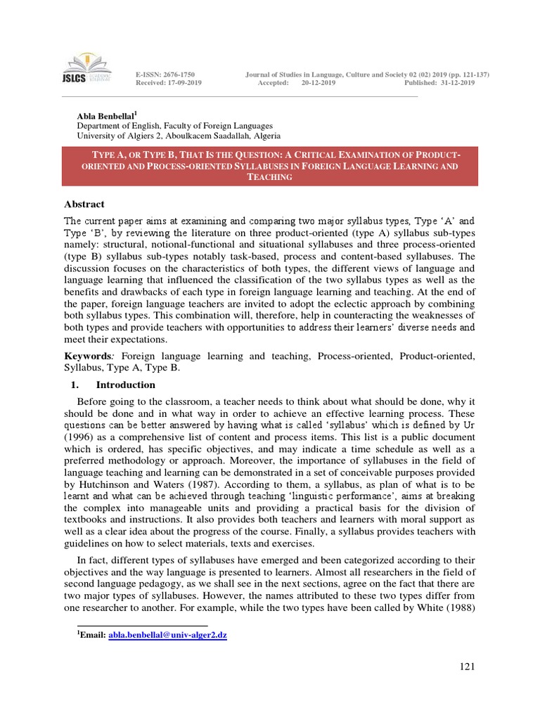 Type A or Type B That Is The Question A Critical Examination of Productoriented and Process ...