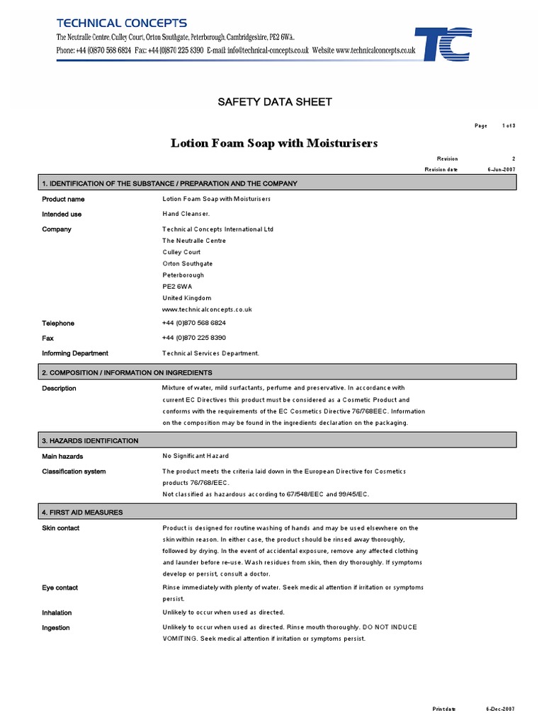 Lotion Foam Soap With Moisturisers: Safety Data Sheet | Download Free ...