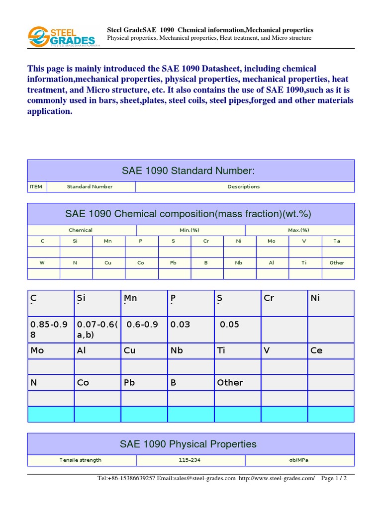 Datasheet For Steel Grades Carbon Steel SAE 1090 | Download Free PDF ...