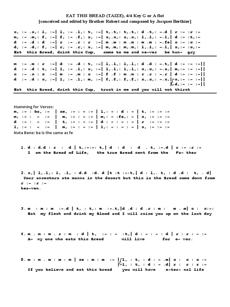 Eat This Bread (Taize), 4/4 Key G or A Flat (Conceived and Edited by ...