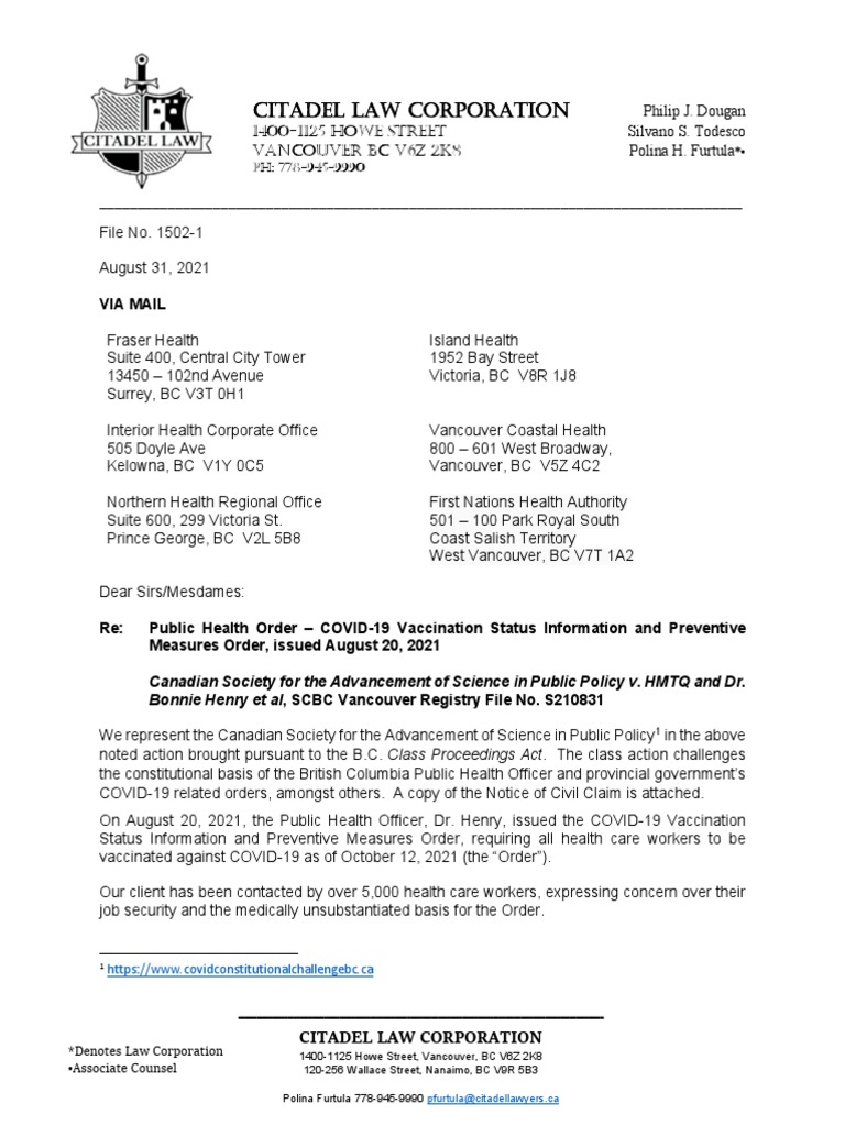 Letter For Health Care Workers To All BC Health Authorities | PDF ...