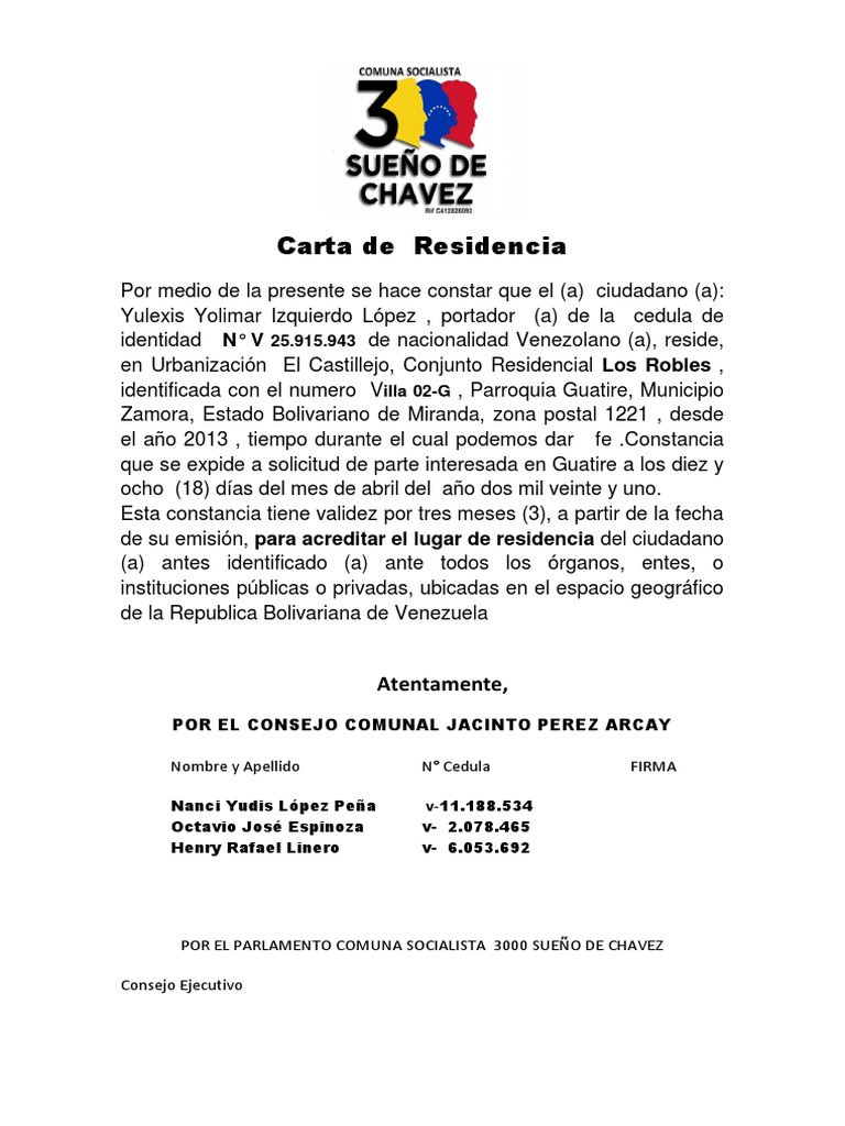 Carta de Residencia COMUNA | PDF