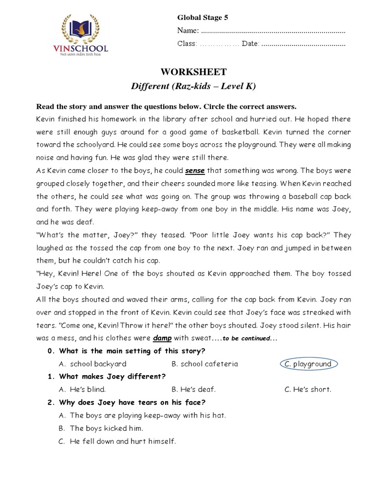 Different (Raz-Kids - Level K) : Worksheet | PDF