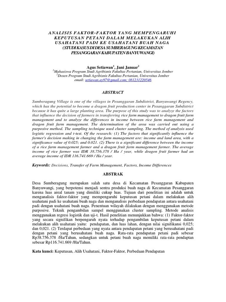 Analisis Faktor-Faktor Yang Mempengaruhi Keputusan Petani Dalam Melakukan Alih Usahatani Padi Ke ...