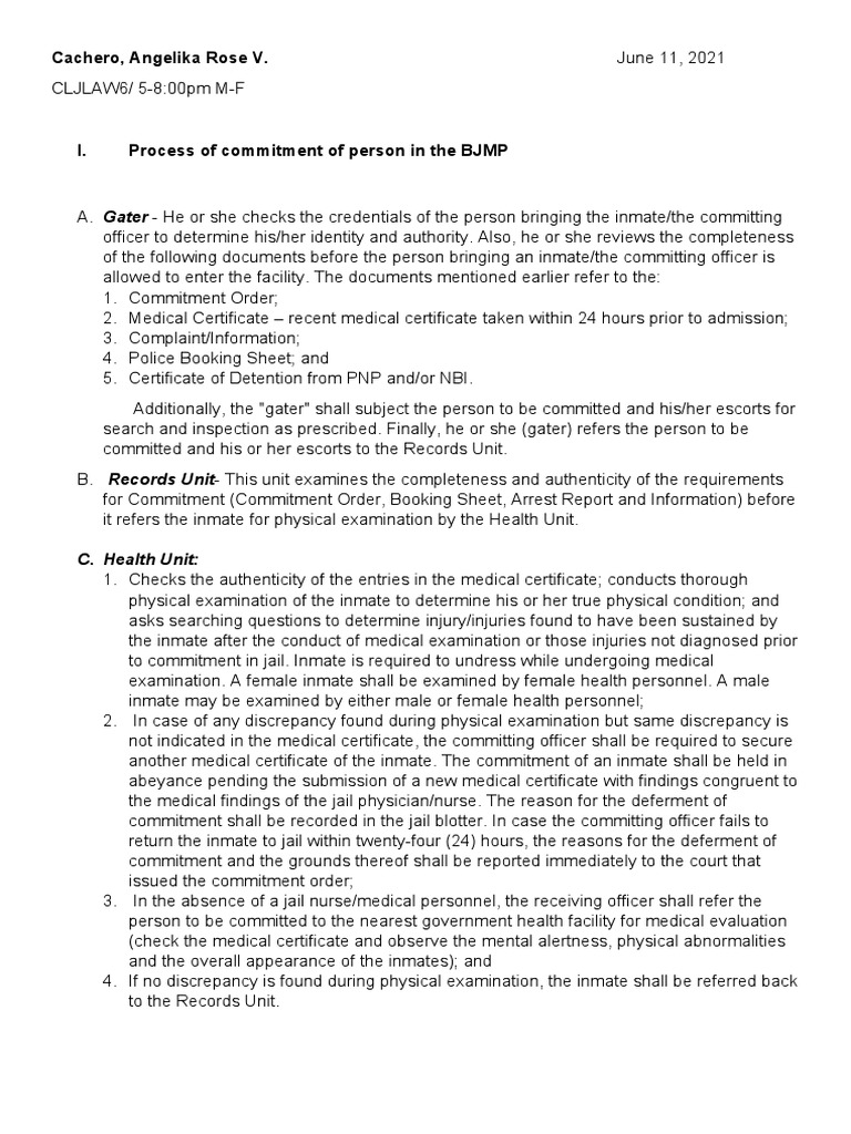 Activity in Process of Commitment of Person in BJMP | PDF | Prison ...