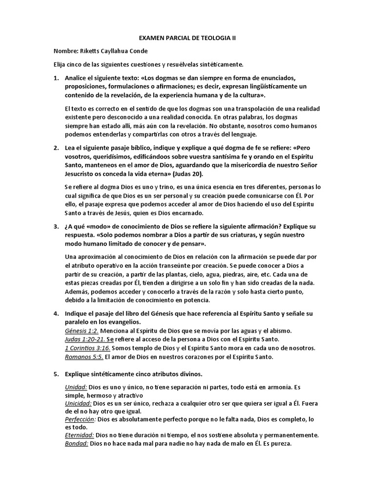 Examen Parcial de Teologia Ii | PDF | Dios | espíritu Santo