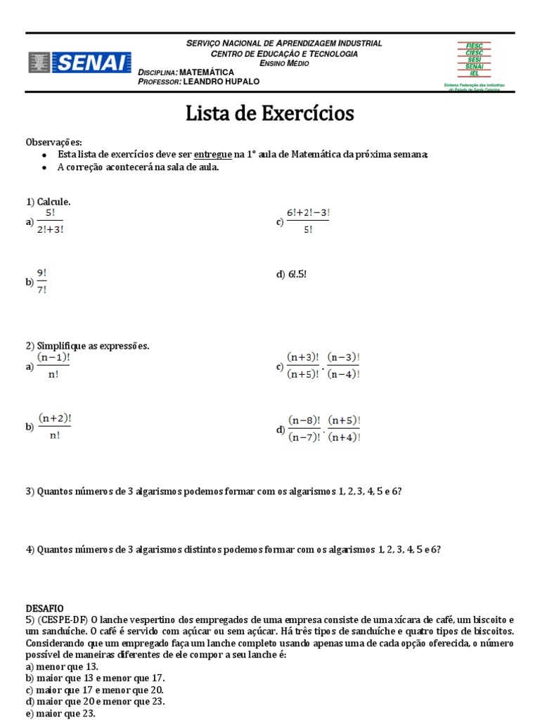 Lista de Exercícios - Fatorial e PFC (Portal Do Aluno) | PDF