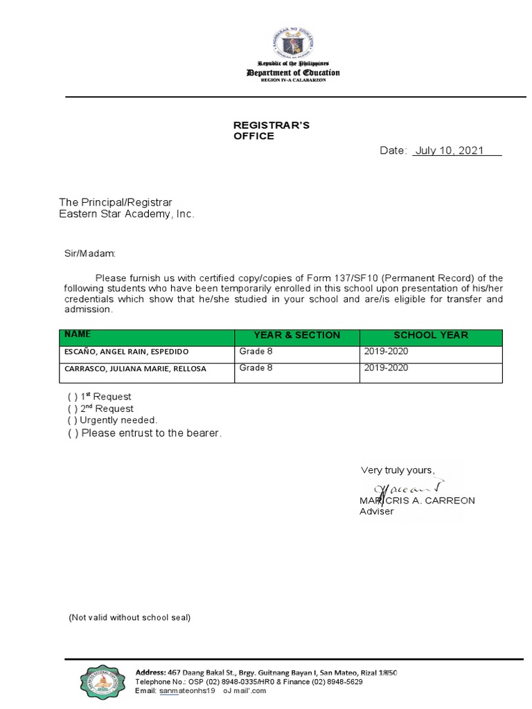 Request Letter For SF10 | PDF