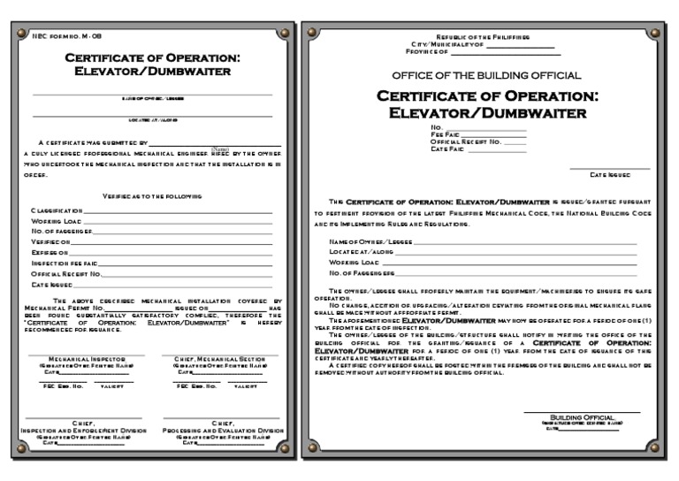 Certificate of Operation Elevator - Dumbwaiter | PDF | Elevator ...