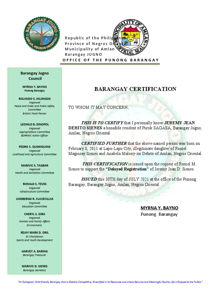 Barangay Certification: Office of The Punong Barangay Barangay Jugno ...