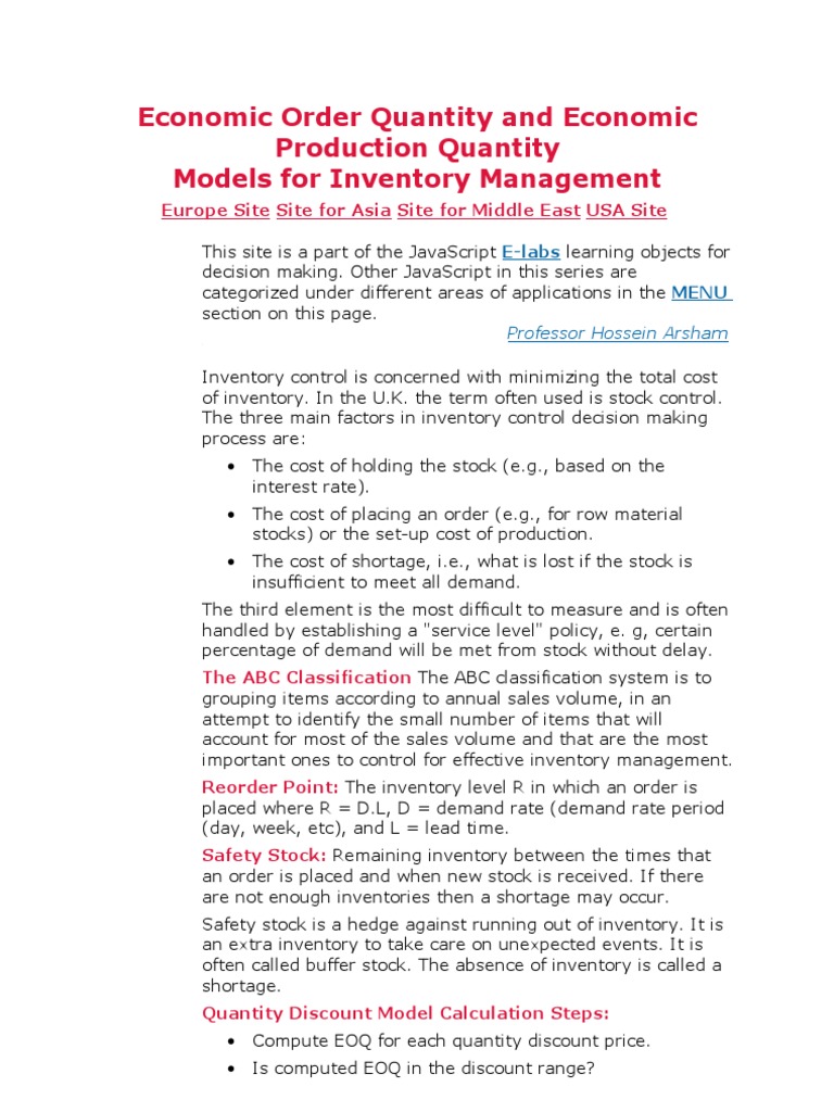 Models For Inventory Management - Economic Order Quantity and Economic ...