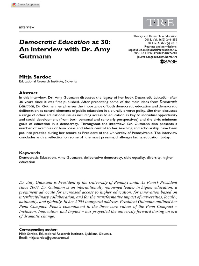 Democratic Education An Interview With DR Amy Gutmann July 2018 | PDF ...