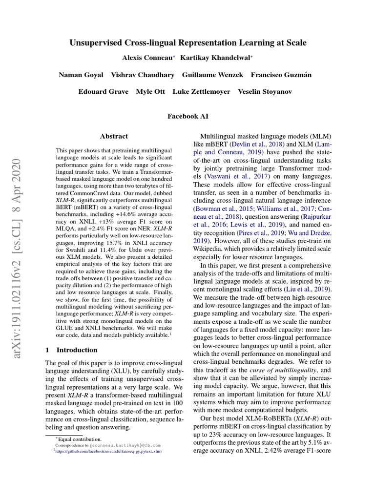 Unsupervised Cross-Lingual Representation Learning at Scale | PDF | Cognition | Learning