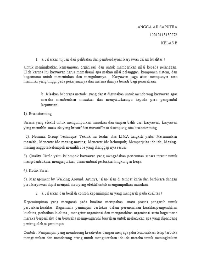 Soal Uas Manajemen Mutu Kelas A Dan B | PDF