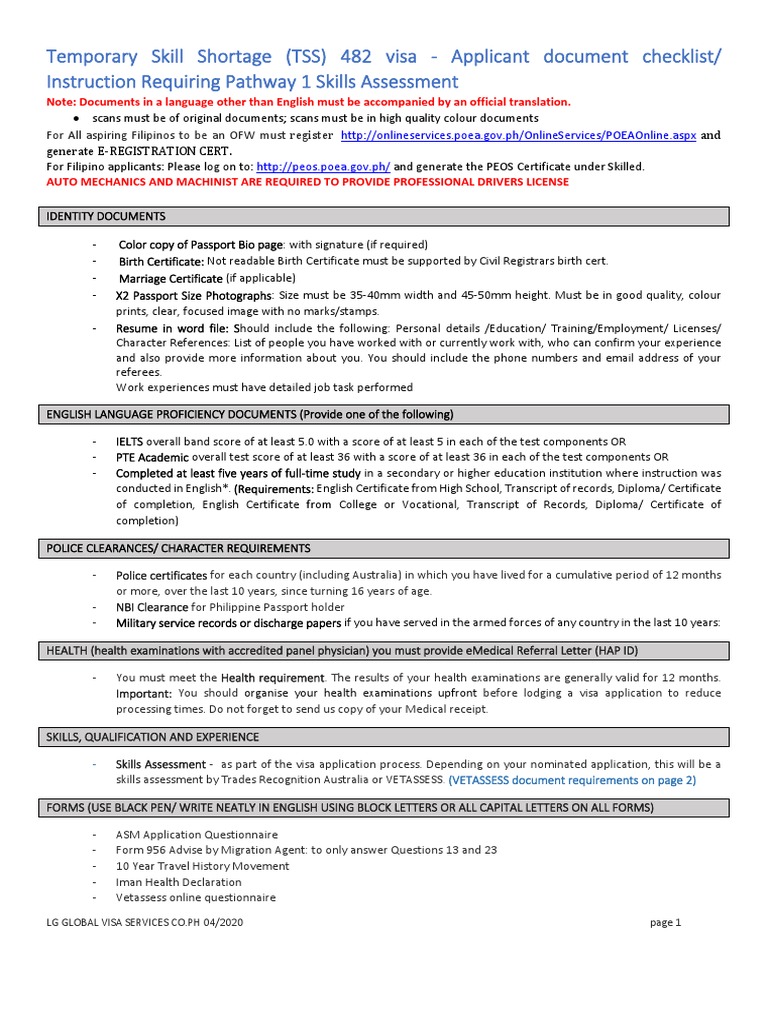 Checklist 482 Visa - Requiring Vetassess Pathway 1 2020 | PDF ...