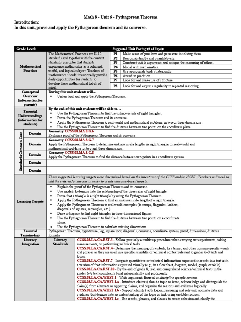 Math 8 - Unit 6 - Pythagorean Theorem in This Unit, Prove and Apply The ...