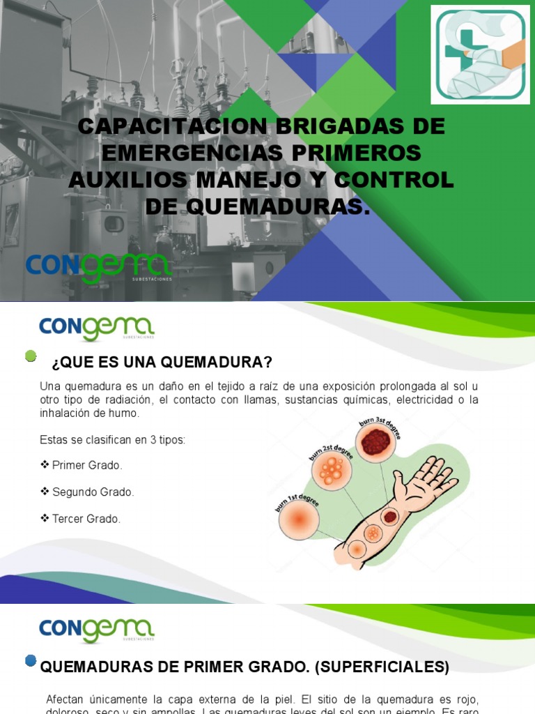 Capacitacion Brigadas de Emergencias Primeros Auxilios Manejo y Control de Quemaduras | PDF ...